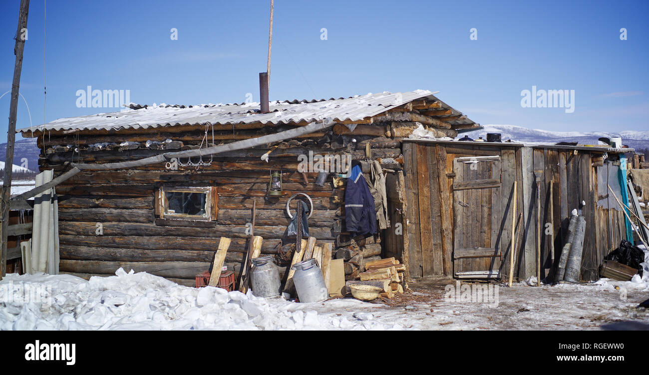Horse keeper wood house, Oymyakon, Yakutia, Siberia, Russia Stock Photo ...