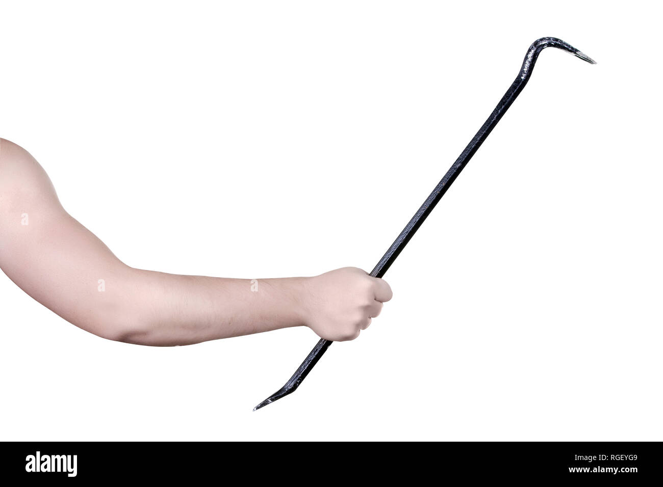 black crowbar in hand isolated on white background Stock Photo - Alamy