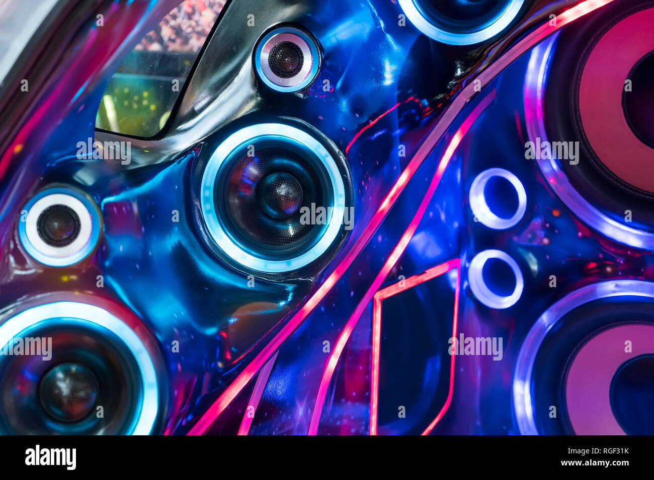colorful lights of stereo and speakers in car in the night Stock Photo ...