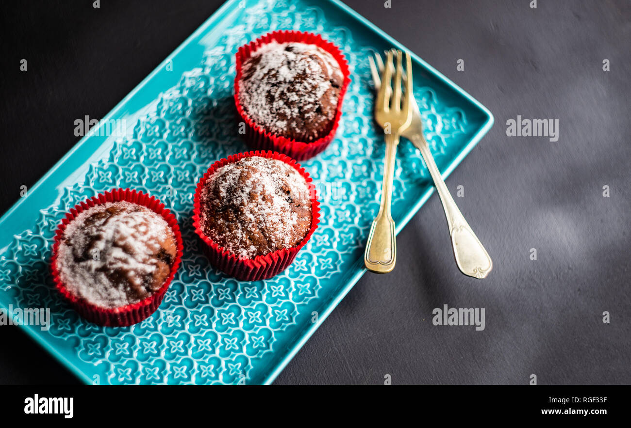 Sweet chocolate cupcakes rustic background with copy space Stock Photo ...