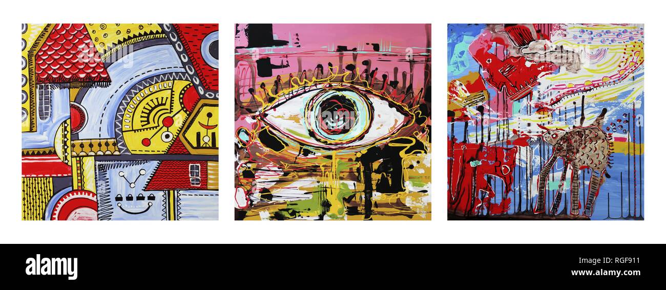 set of unusual original art abstract composition of human eye and ...