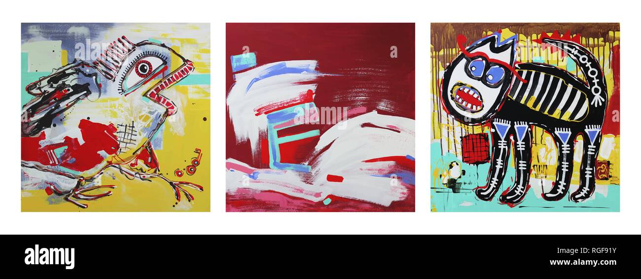 set of unusual original art composition of doodle angry cat Stock ...