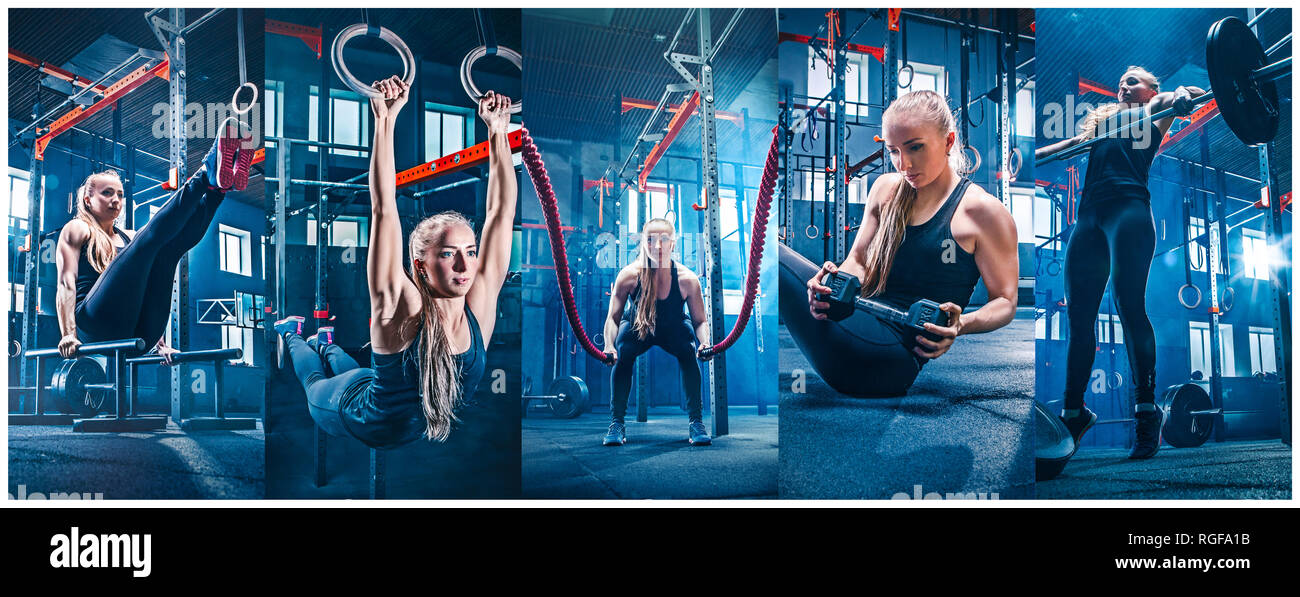 Collage about woman with battle ropes exercise in the fitness gym. The ...