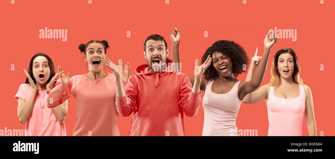 The collage of faces of surprised people on coral backgrounds. Human ...