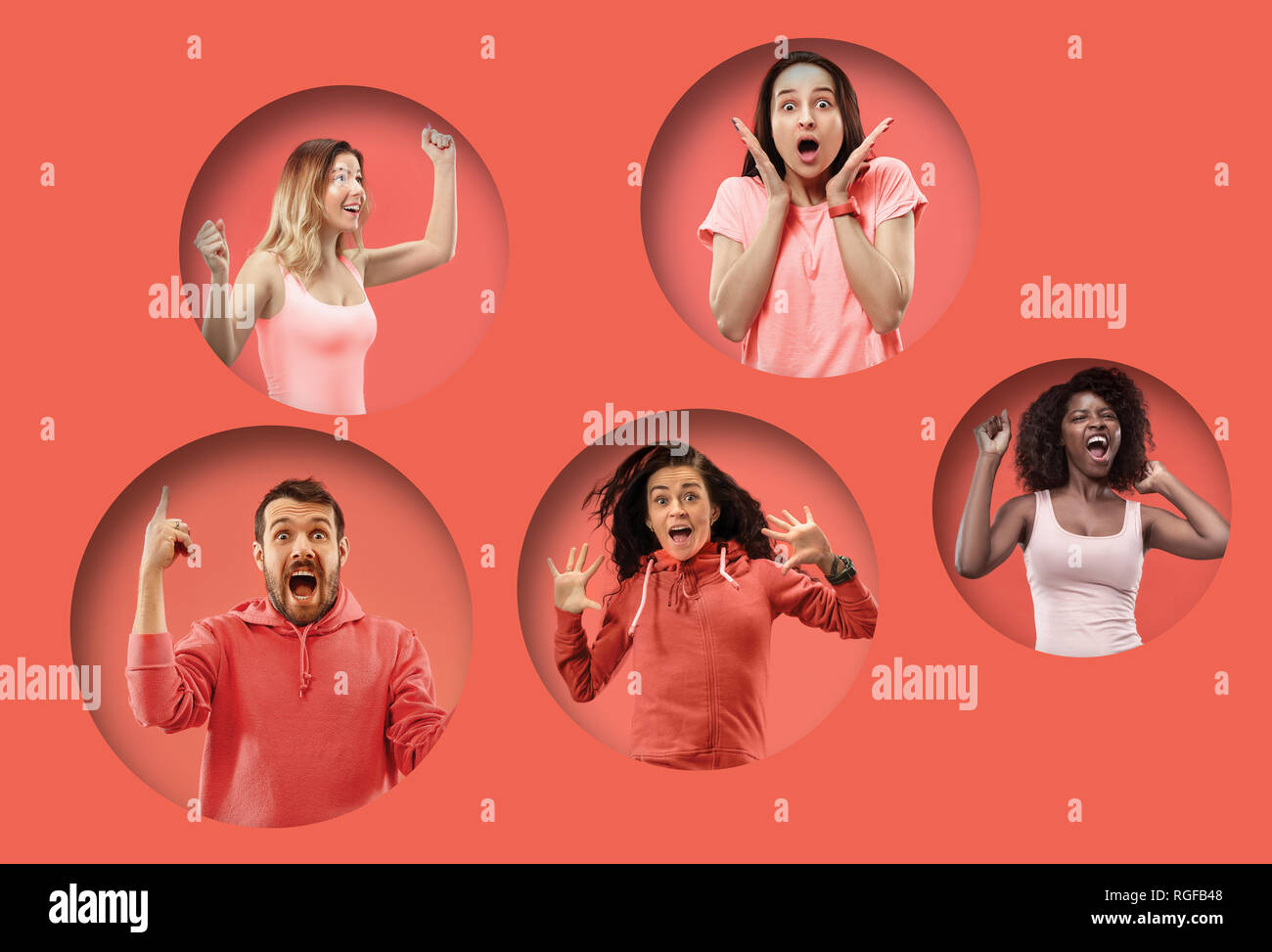 The collage of faces of surprised people on coral backgrounds. Human ...