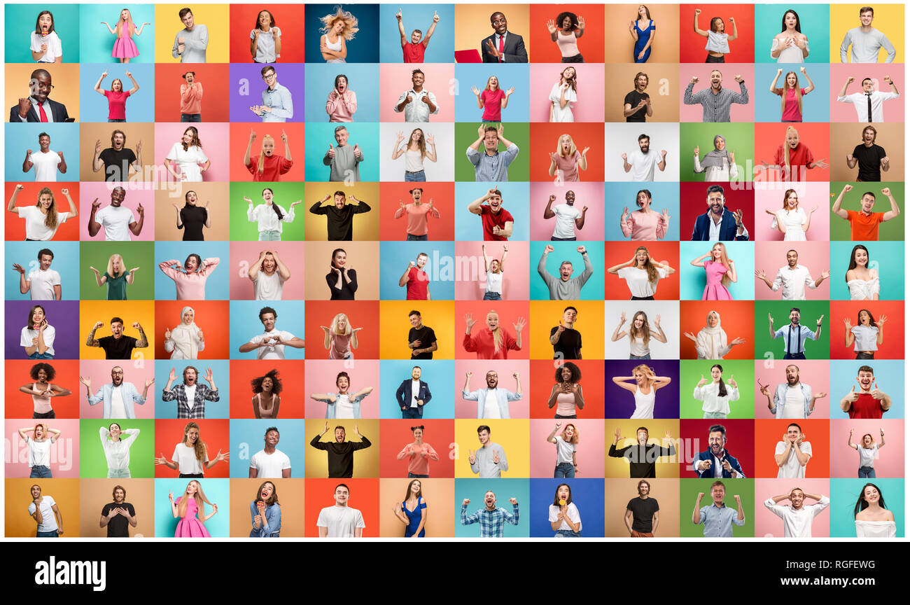 The collage of faces of surprised people on colored backgrounds. Happy ...