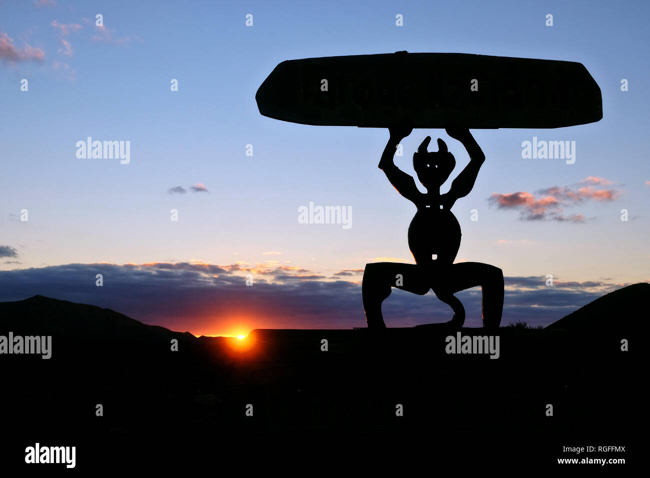 Sunset with the landmark of the island, the devil of Timanfaya Stock ...