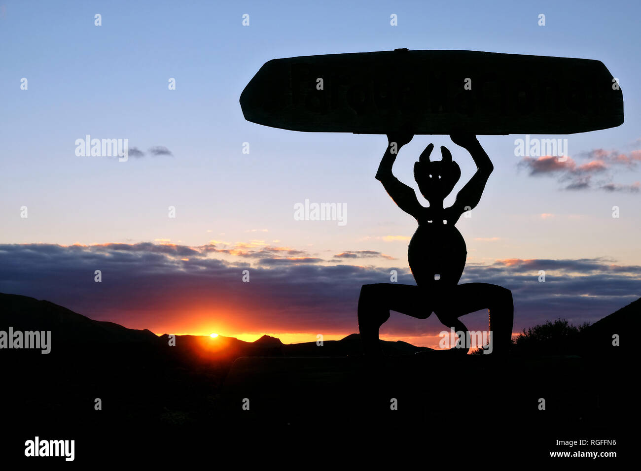 Sunset with the landmark of the island, the devil of Timanfaya Stock ...