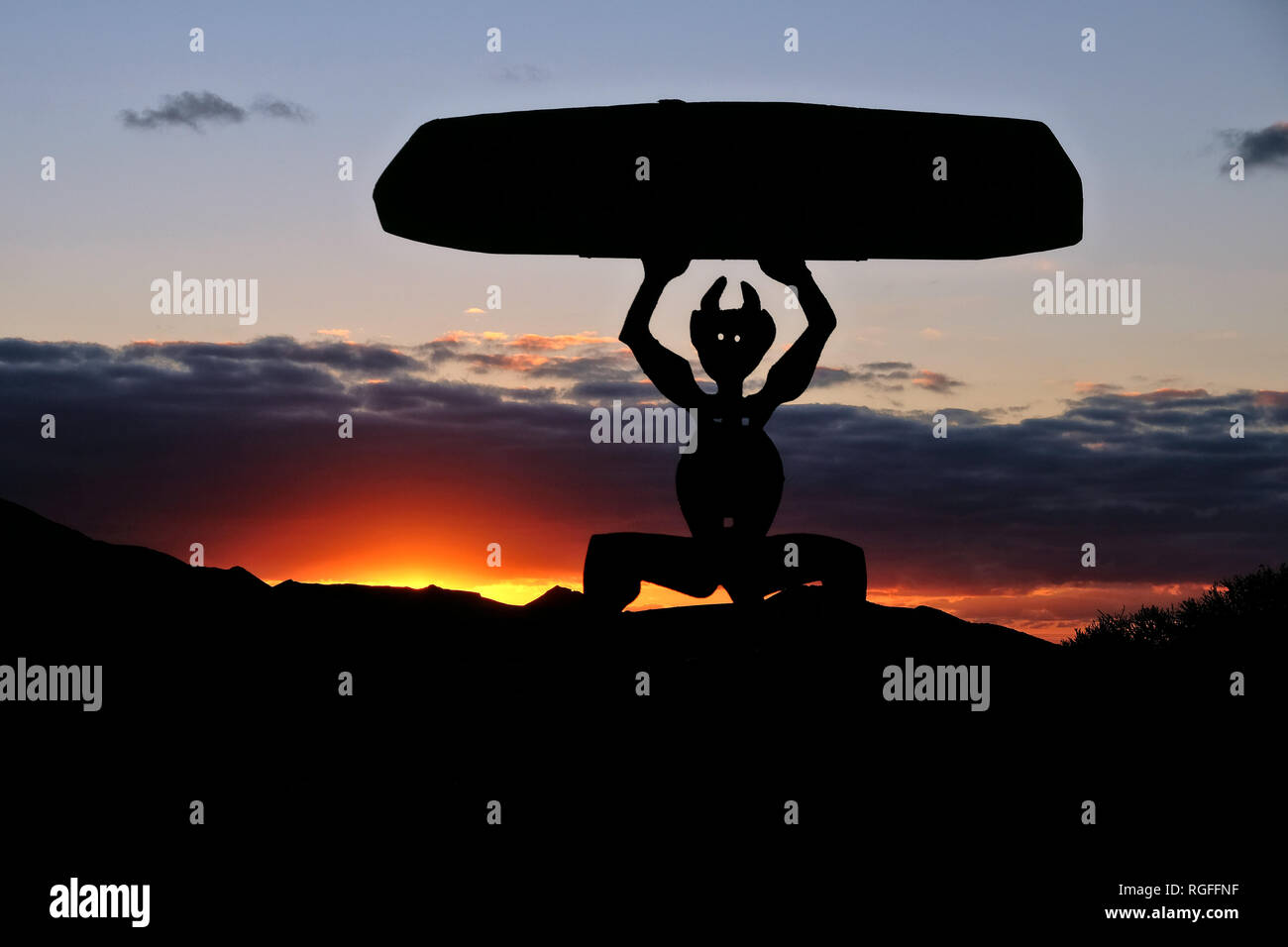 Sunset with the landmark of the island, the devil of Timanfaya Stock ...