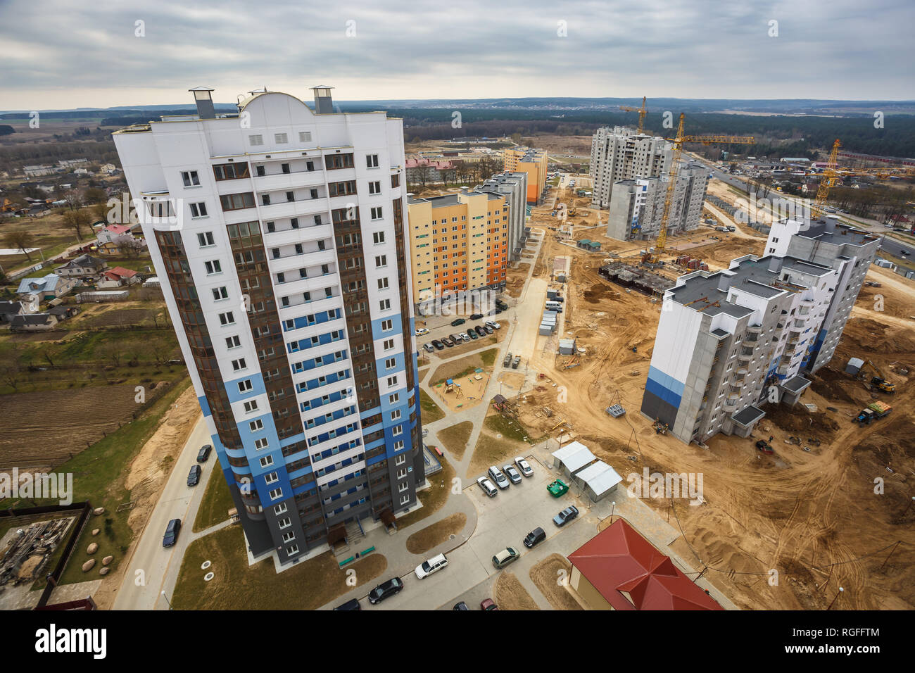 Panoramic view on construction of new quarter Tower unfinished multi ...