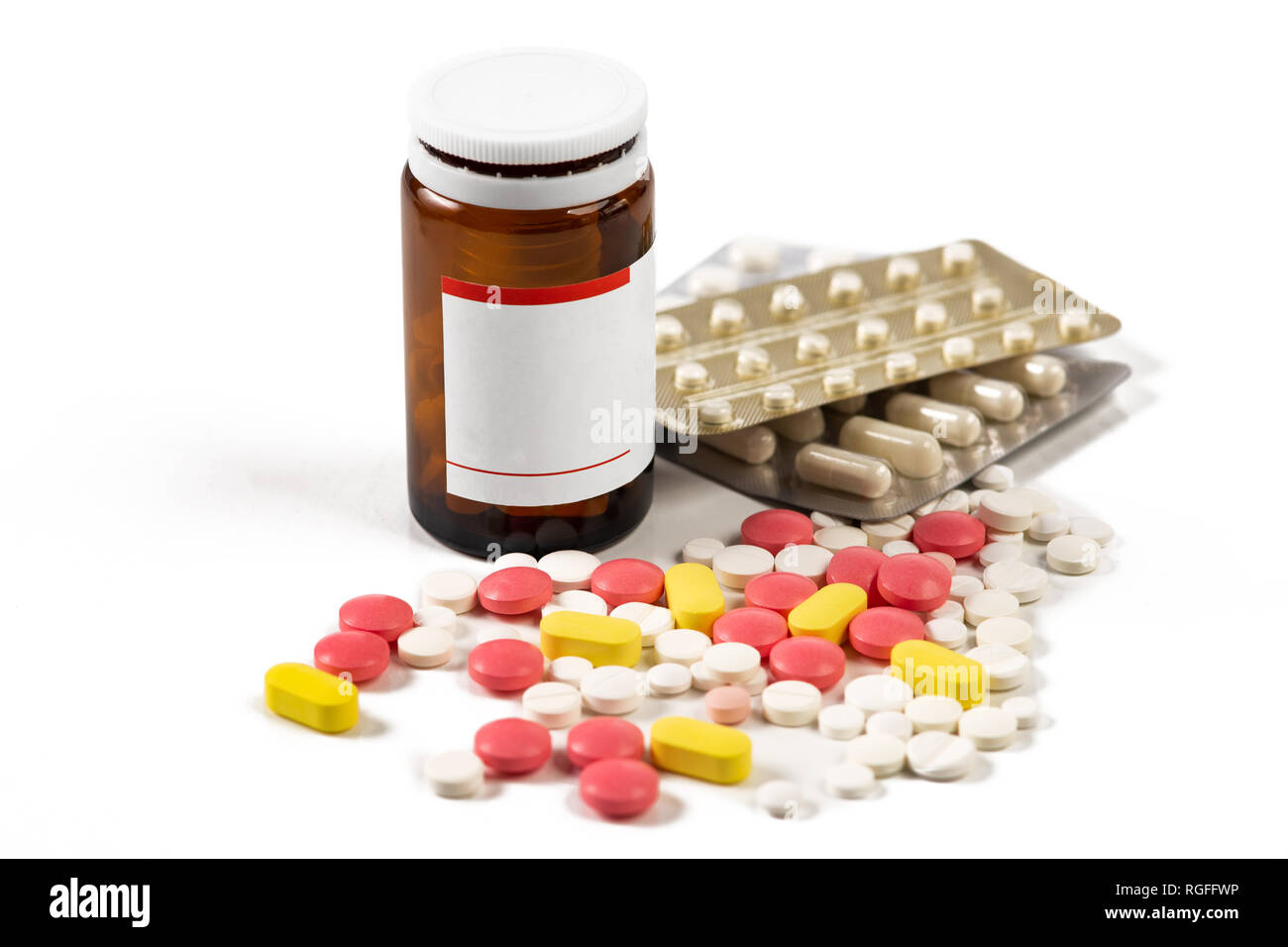 First aid concept. Kit of different medications, vial, blisters ...