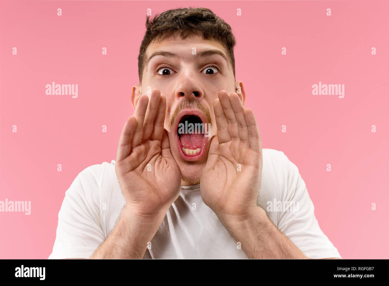 Do not miss. Young casual man shouting. Shout. Crying emotional man ...