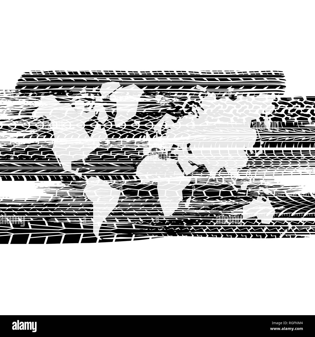 Black tire tracks background with white world map silhouette Stock ...