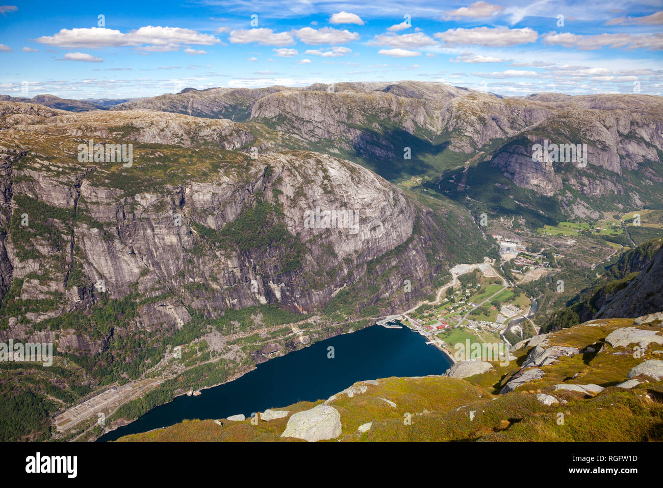 Aerial view of Lysebotn village at the end of Lysefjord (Lysefjorden ...