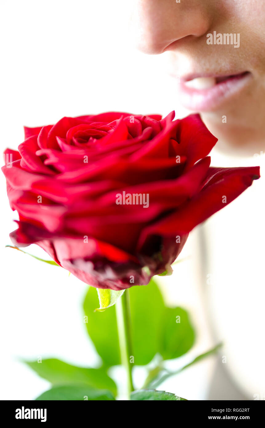 Young woman smelling a beautiful red rose Stock Photo - Alamy