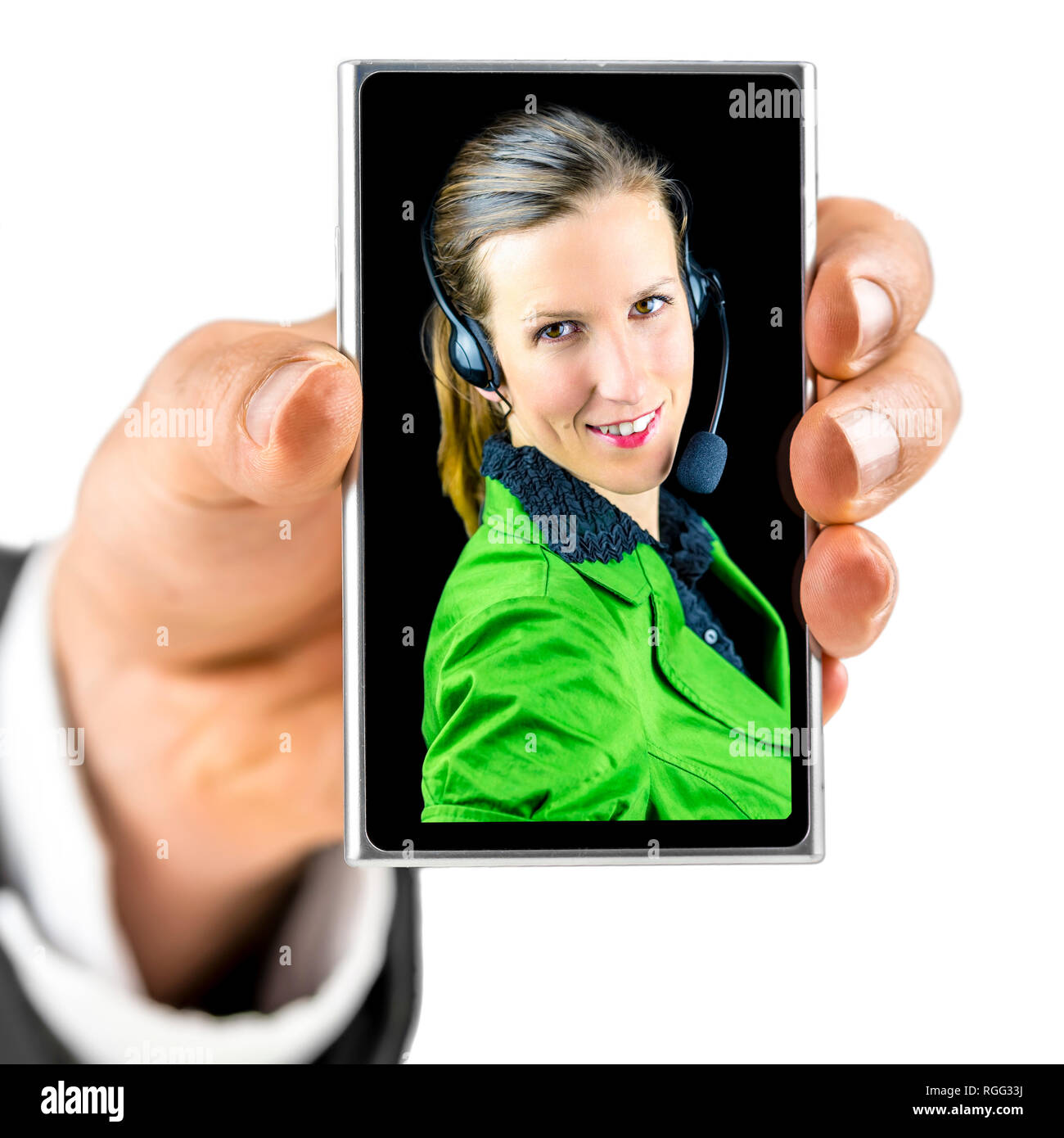 Male hand holding smart phone with female support phone operator on its ...