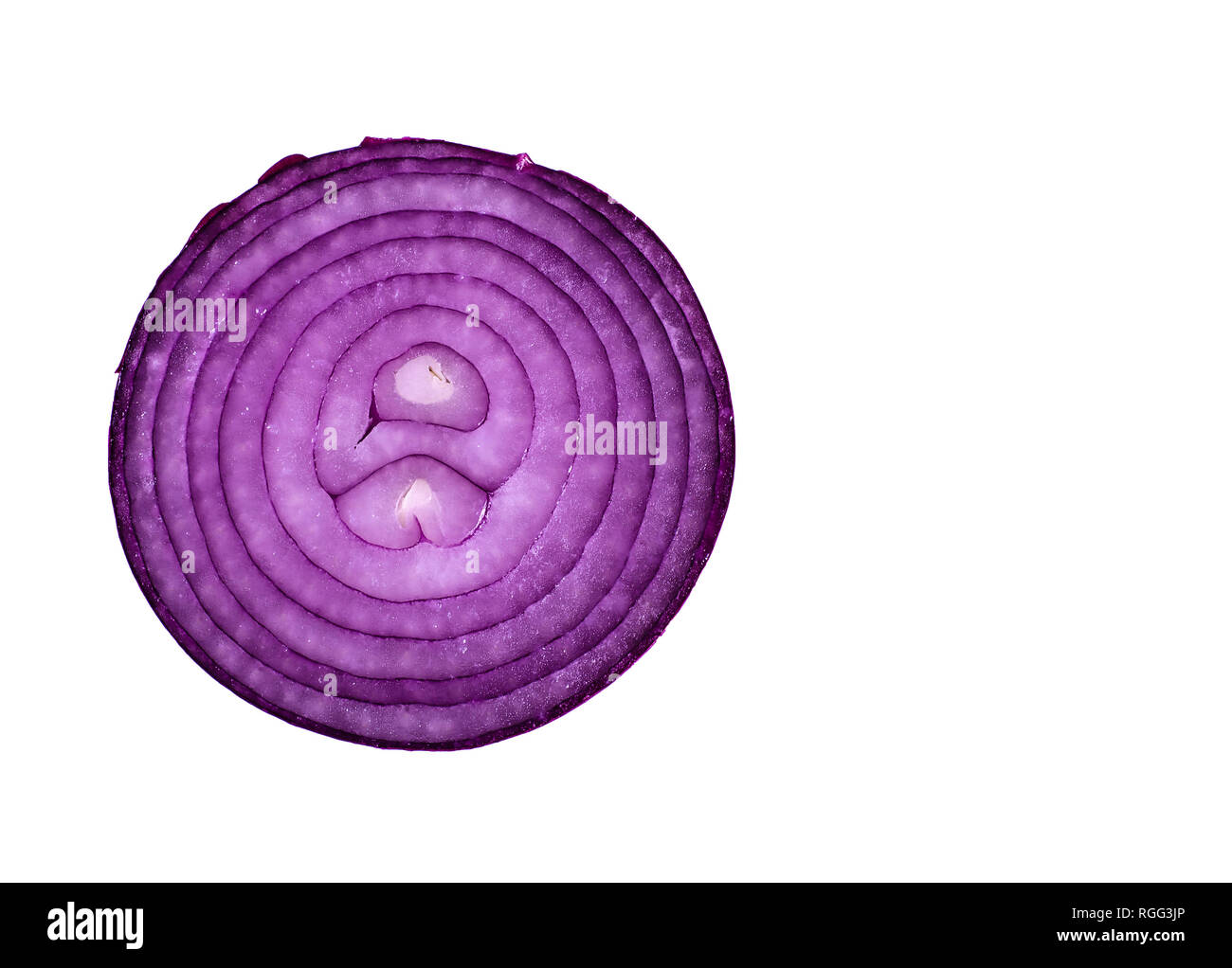 Violet onion slice on a white background, top view. Sliced red onion on ...