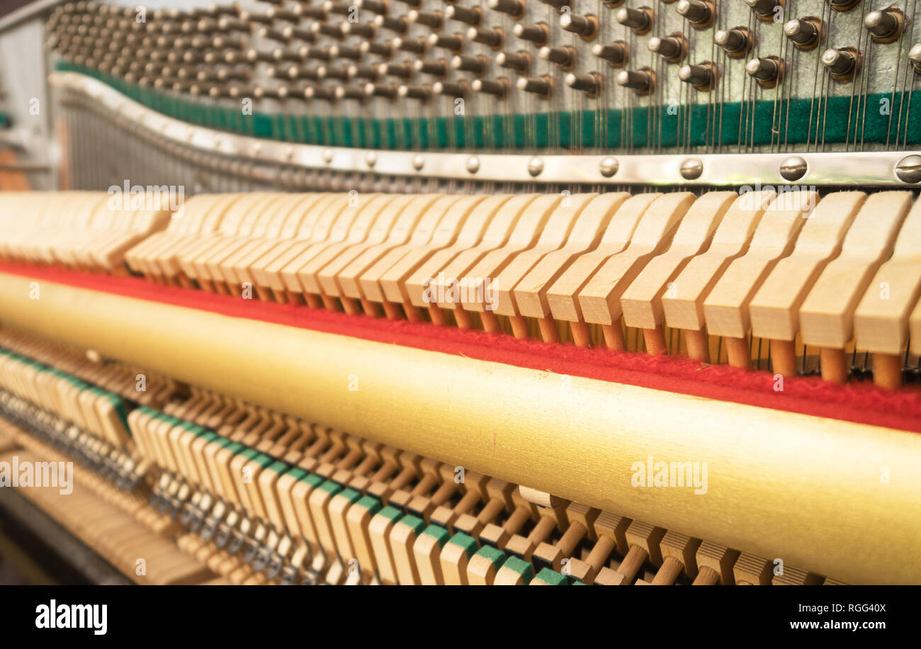 Close-up view of hammers and strings inside the piano Stock Photo - Alamy