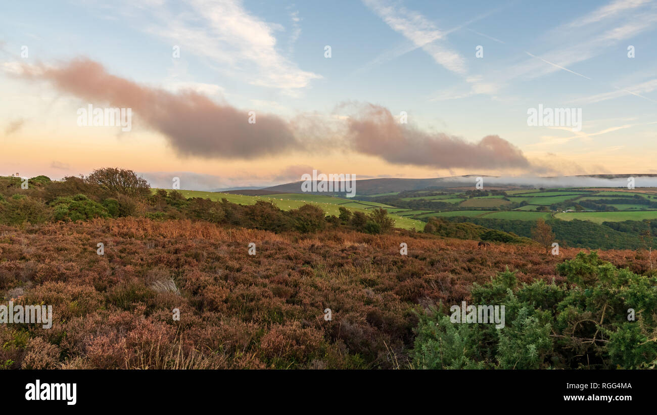 Evening dust over the landscape in the Exmoor National Park on Porlock ...
