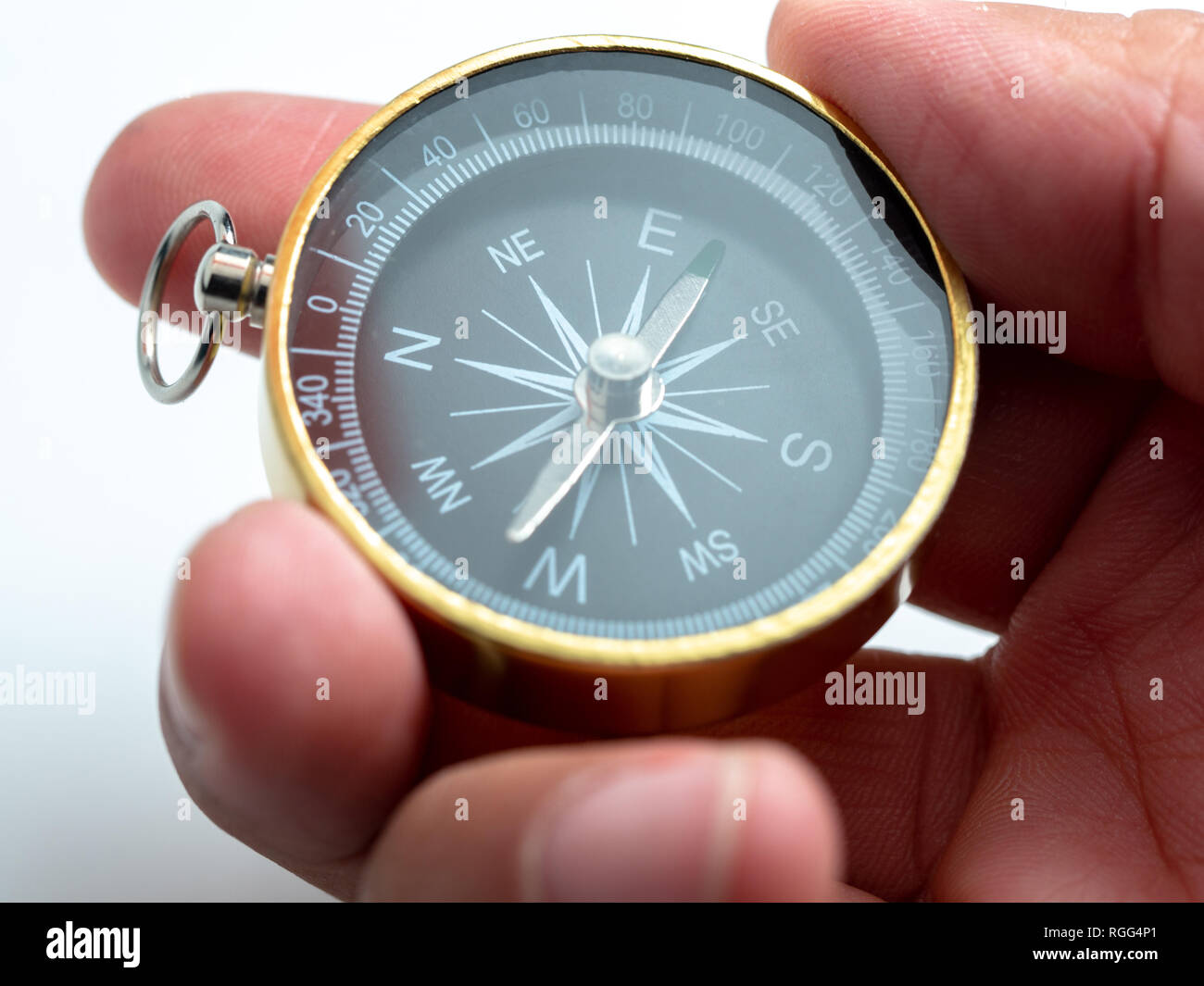 closeup man hand holding golden compass on white background (Isolated ...