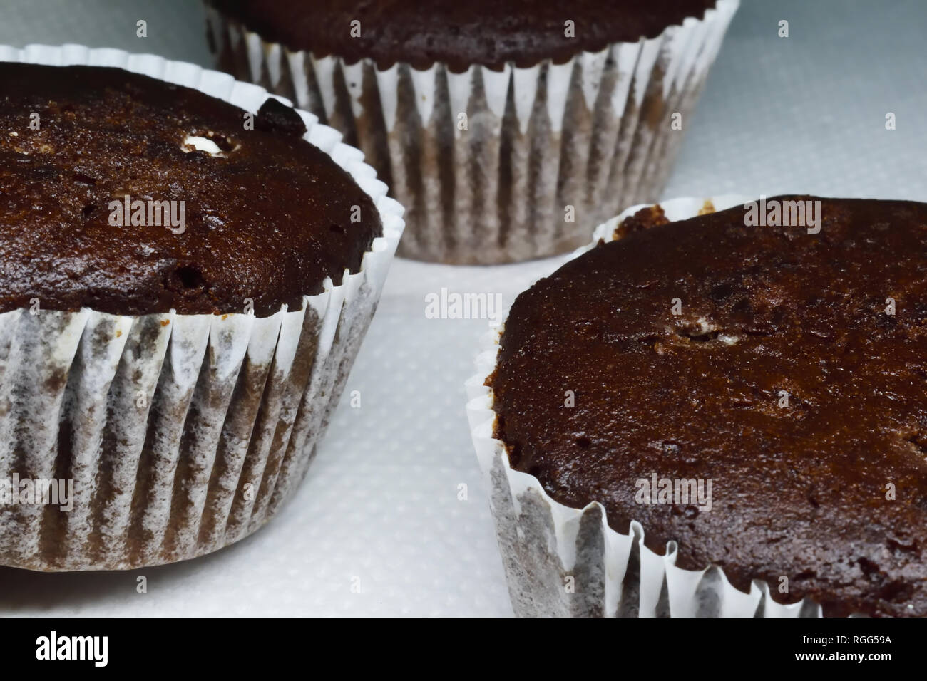 Chocolate cupcakes in close up view on white background Stock Photo - Alamy