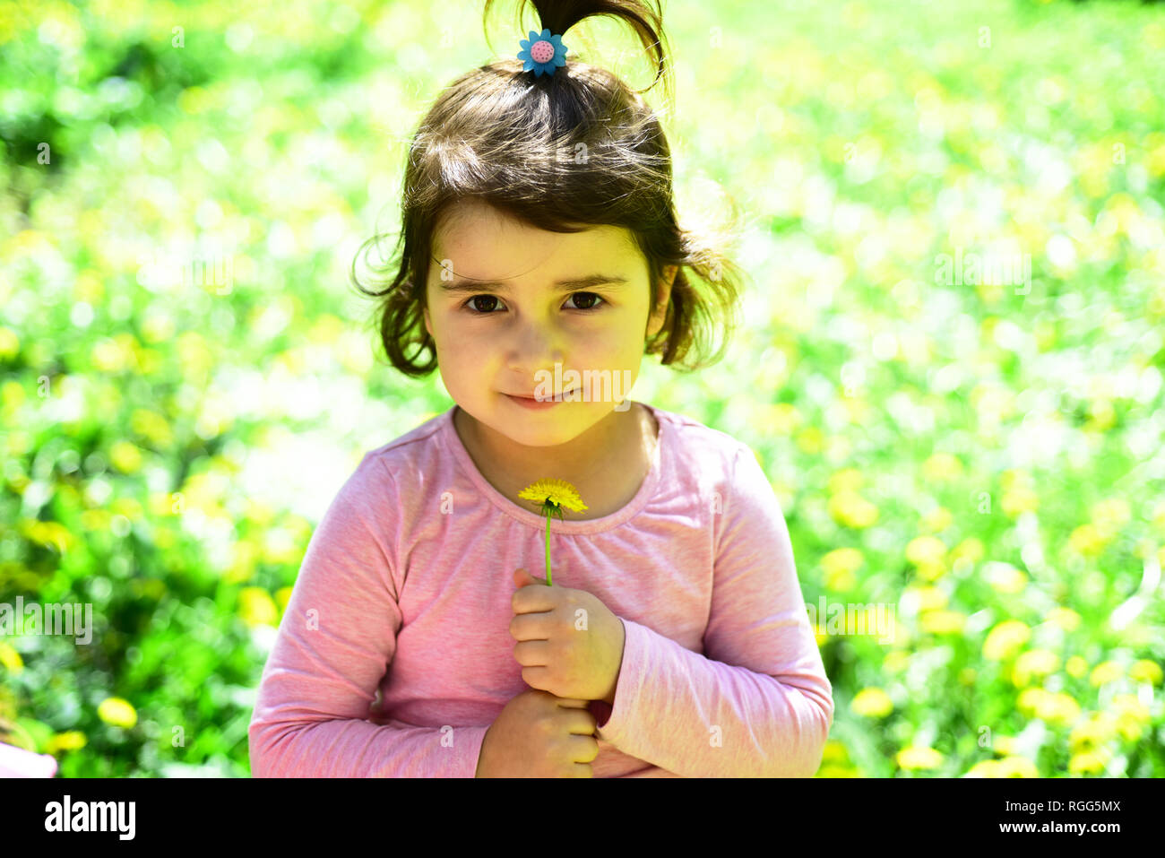 Spring holidays. Springtime. weather forecast. Little girl in sunny ...