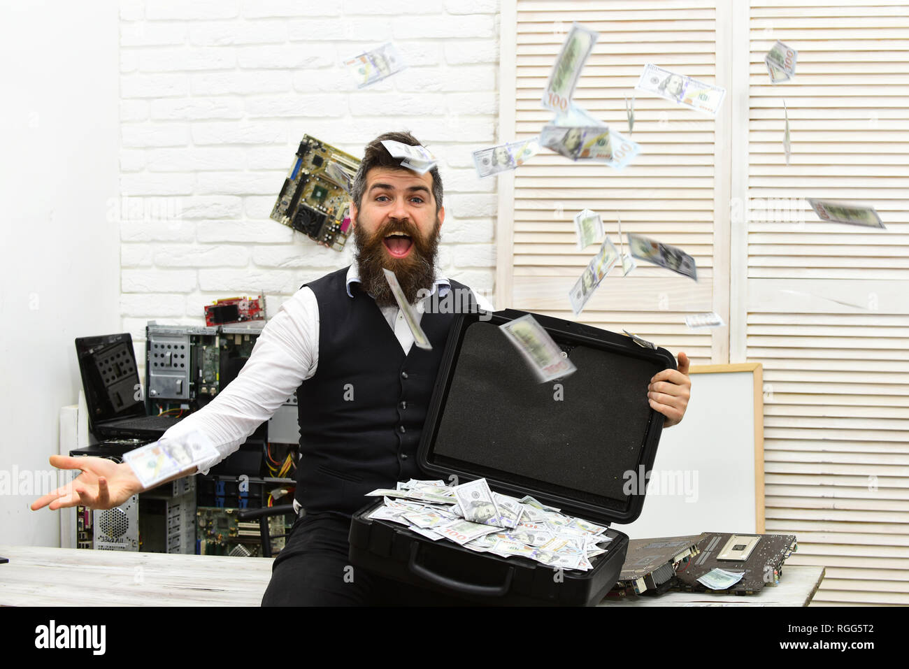 Getting cash rich. Bearded man throwing cash money. Bearded businessman ...