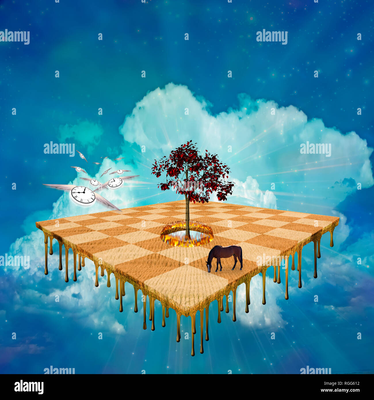 Surreal Landscape. Winged clocks represents flow of time Stock Photo ...