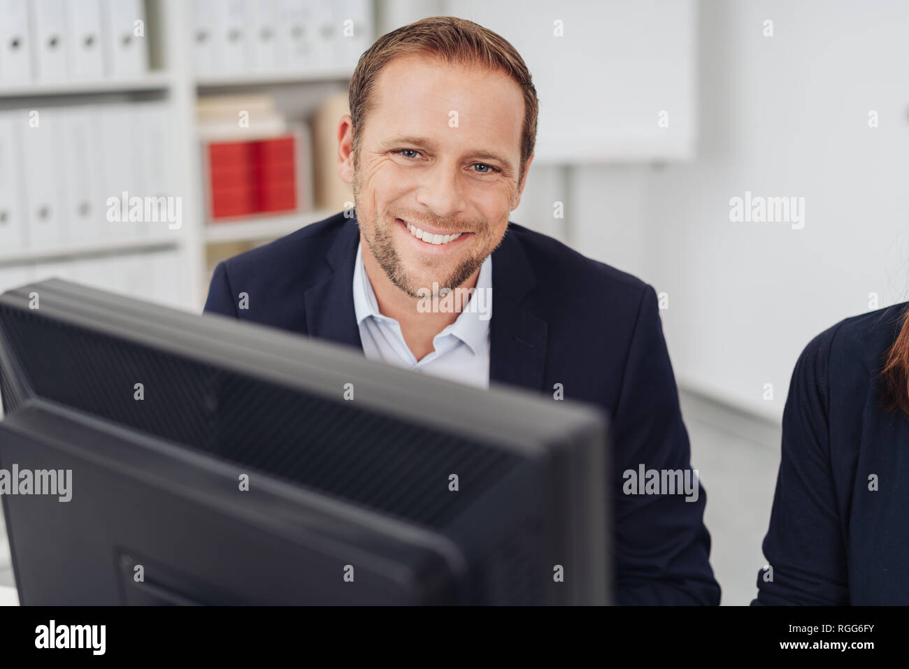Business man behind screen hi-res stock photography and images - Alamy