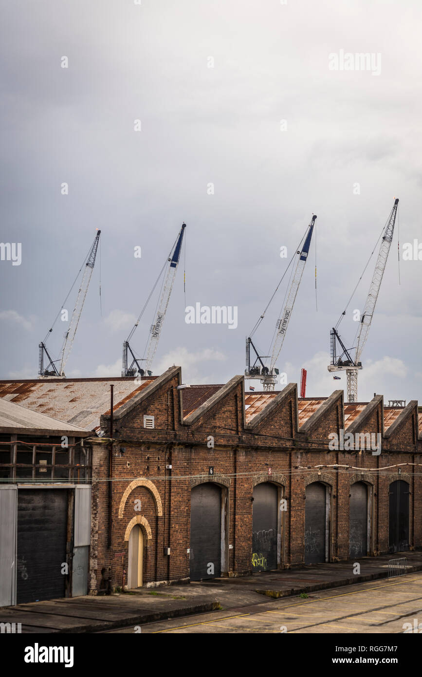 Old industrial depo building and cranes beyond it, Sydney, NSW ...