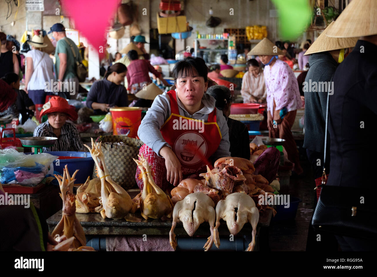 Vietnamese woman selling meat in a market in Hoi An, Vietnam, Southeast ...