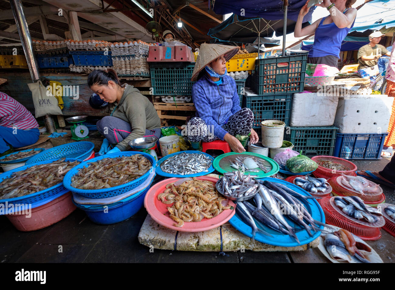 Woman wearing traditional vietnamese non la conical selling fish in a ...