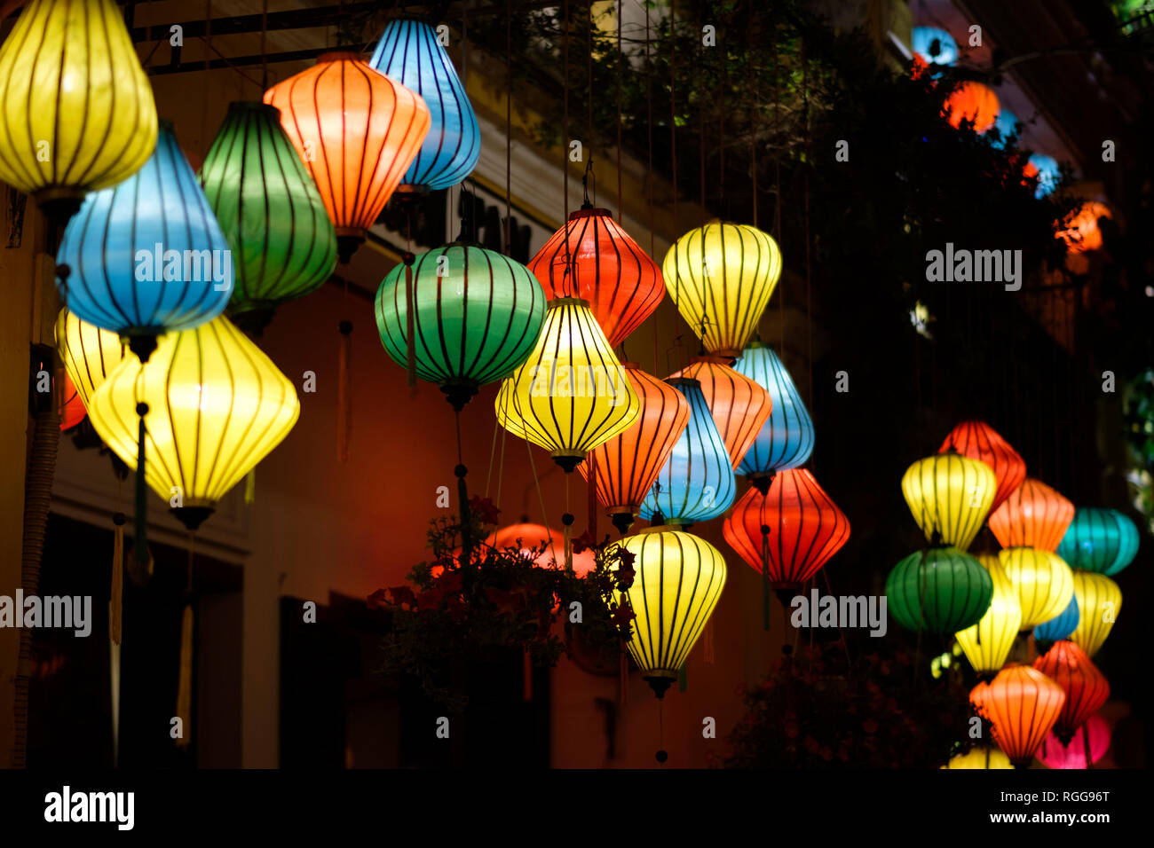 Traditional colorful paper lanterns hanging for sale at a shop in old ...