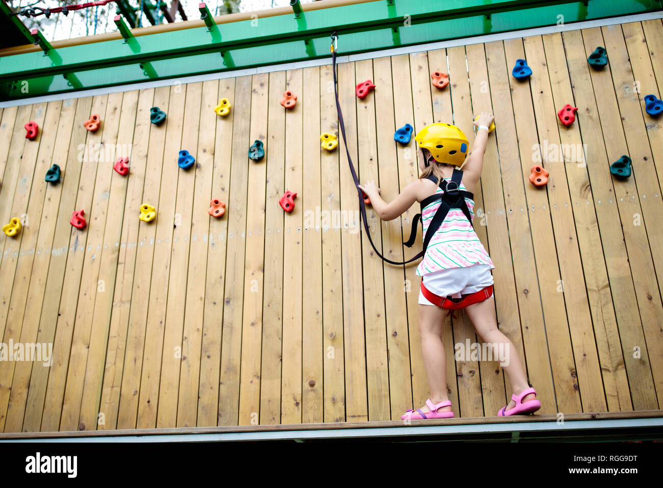 Child in forest adventure park. Kids climb on high rope trail. Agility ...