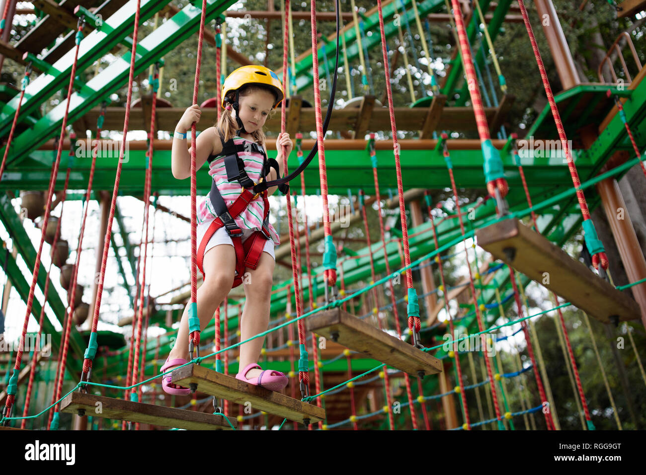 Child in forest adventure park. Kids climb on high rope trail. Agility ...