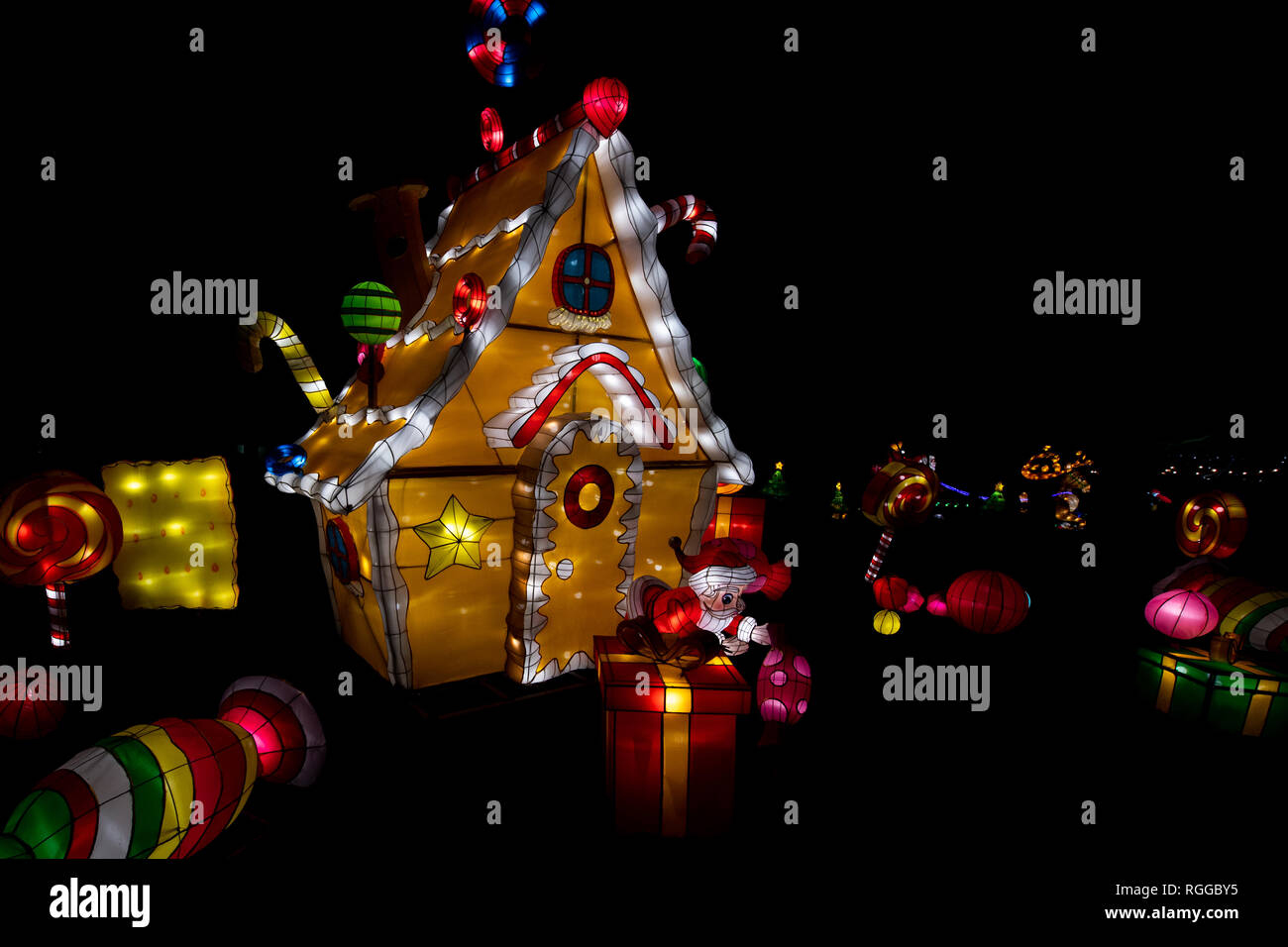 Gingerbread house made from lanterns and at Birmingham, UK, botanical ...