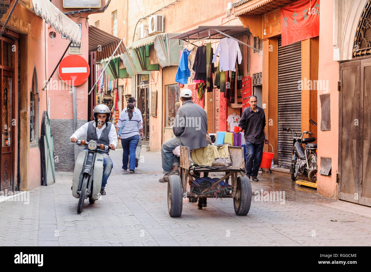 05-03-15, Marrakech, Morocco. Street scene in the medina, with a donkey ...