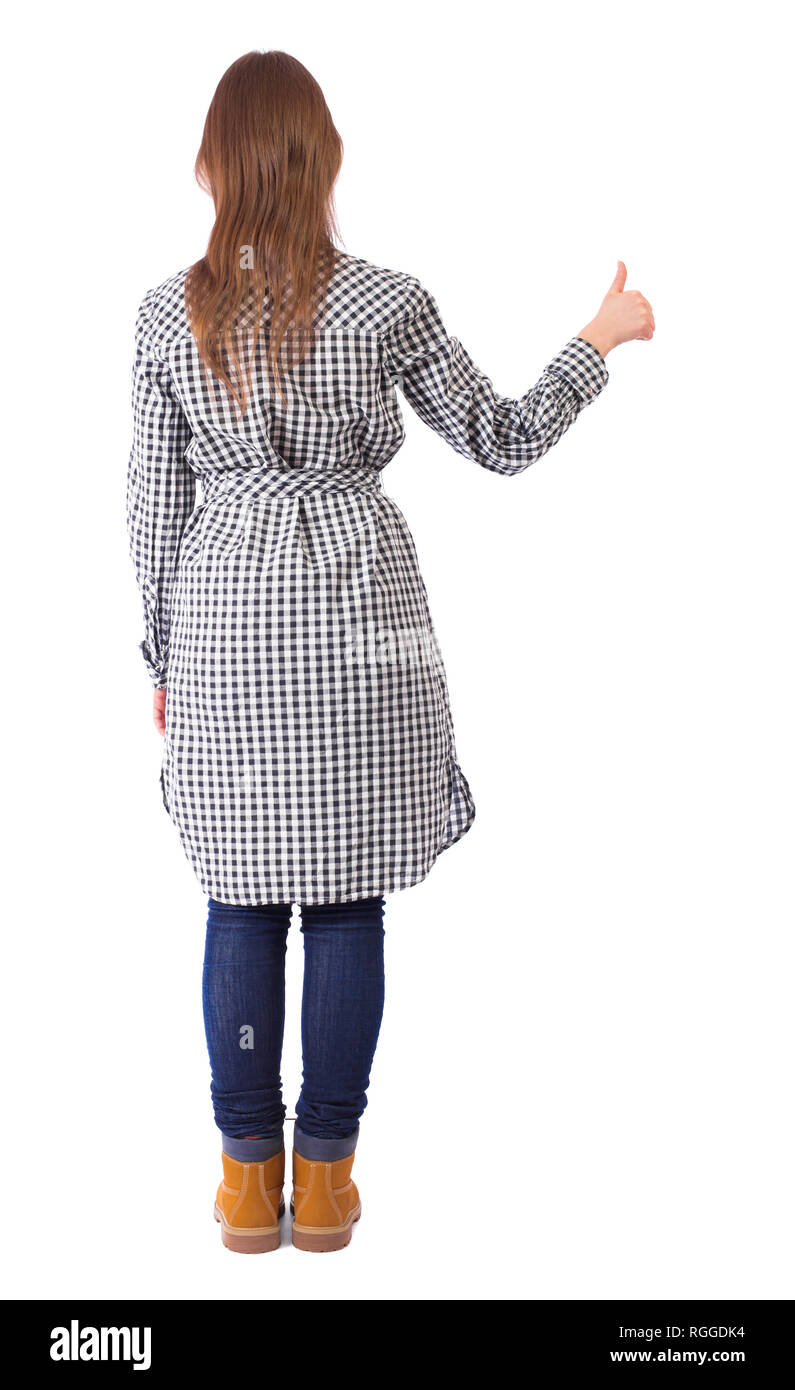 Back view of woman thumbs up. Rear view people collection. backside ...