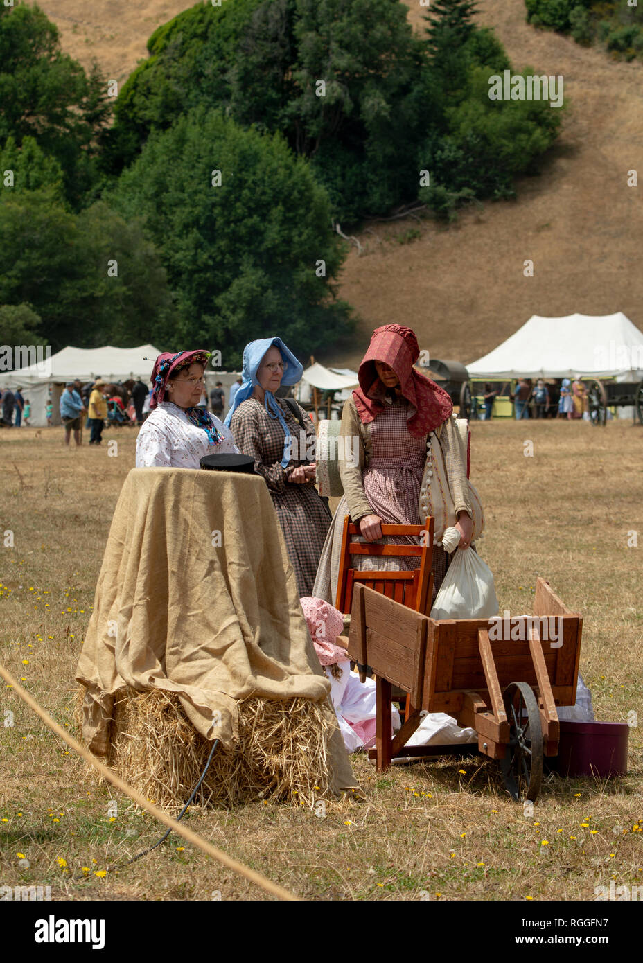 Duncan Mills, CA - July 14, 2018: Reenactor women in costumes at the ...