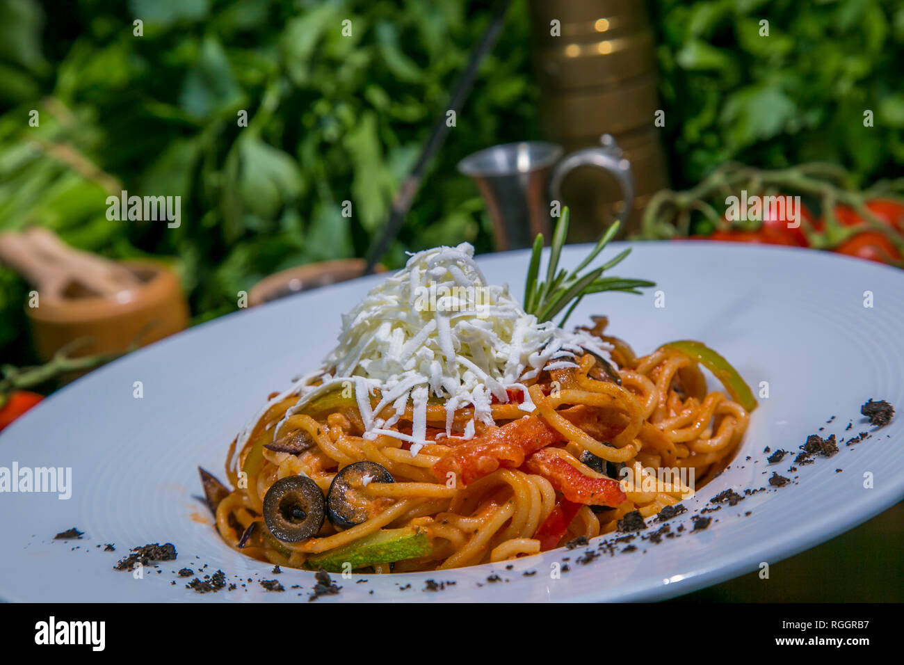 Spaghetti with minced meat and vegetables. horizontal top view, rustic ...