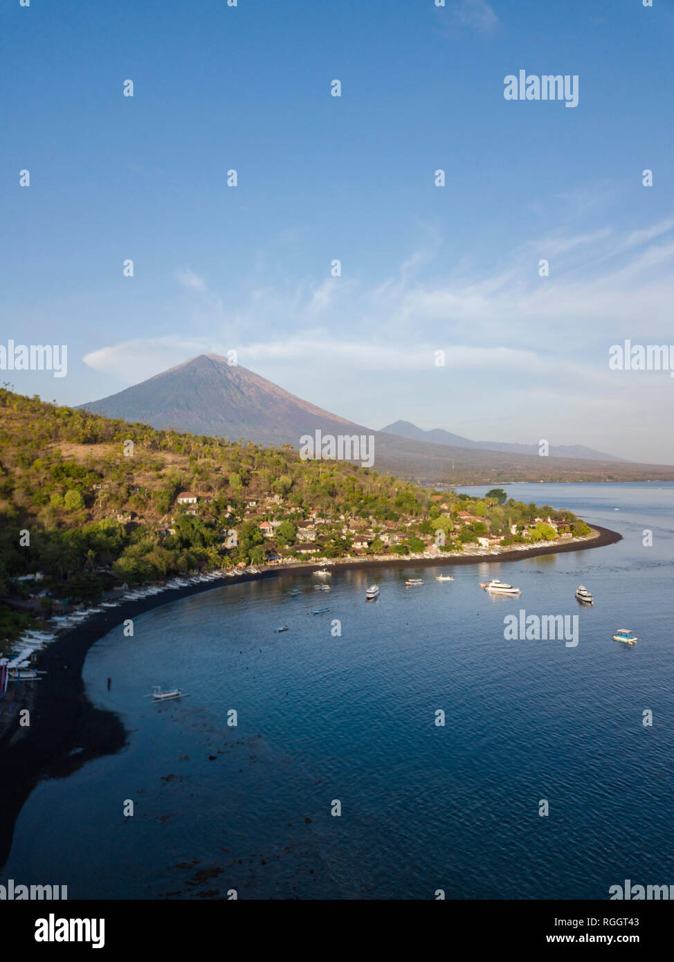 Indonesia, Bali, Amed, Aerial view of Jemeluk beach and volcano Agung ...