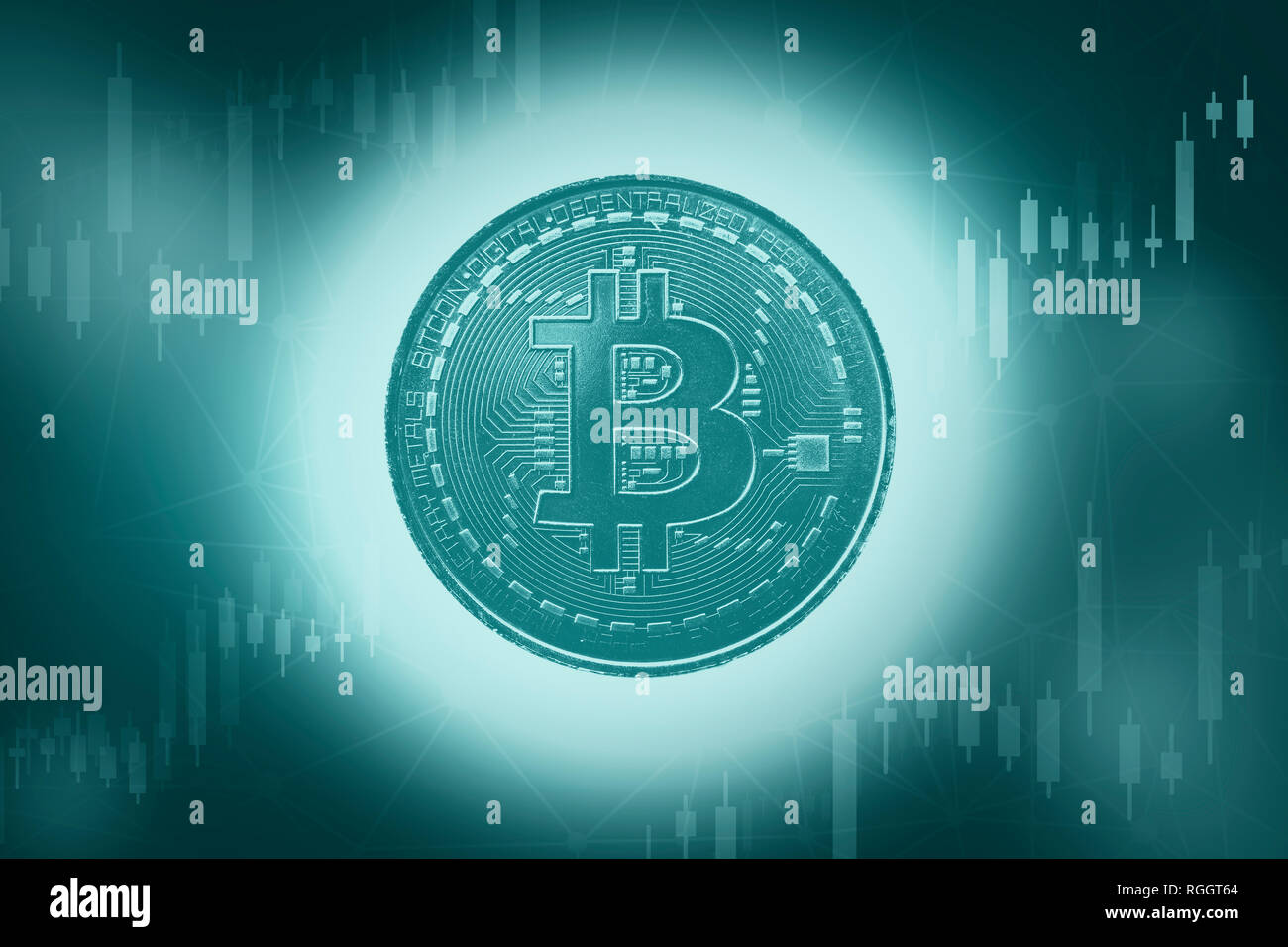 Bitcoins and New Virtual money concept. Green bitcoin with Candle stick ...