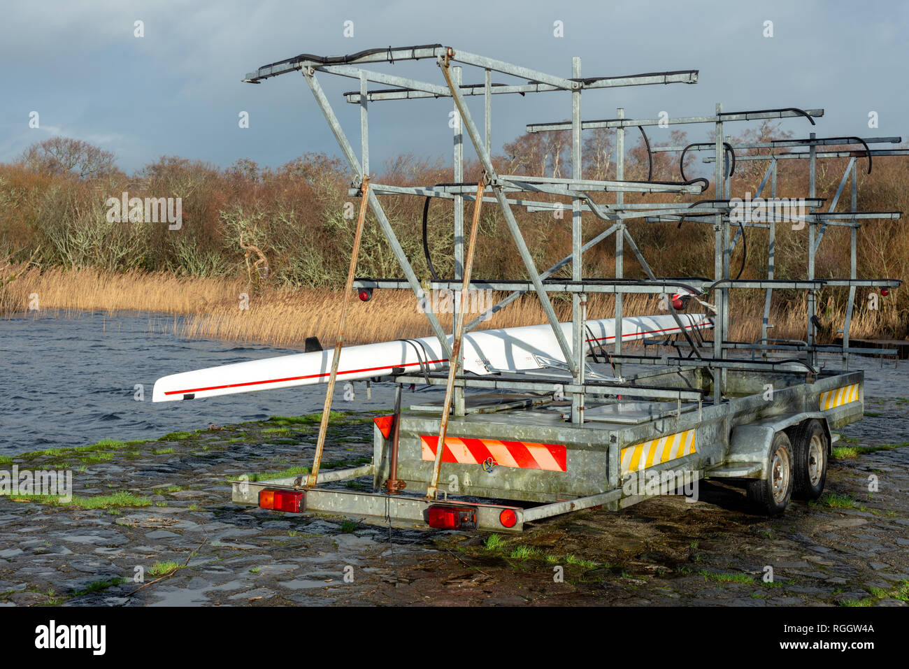 Scull rowing boat on boat trailer as boat transportation at the Workmen ...