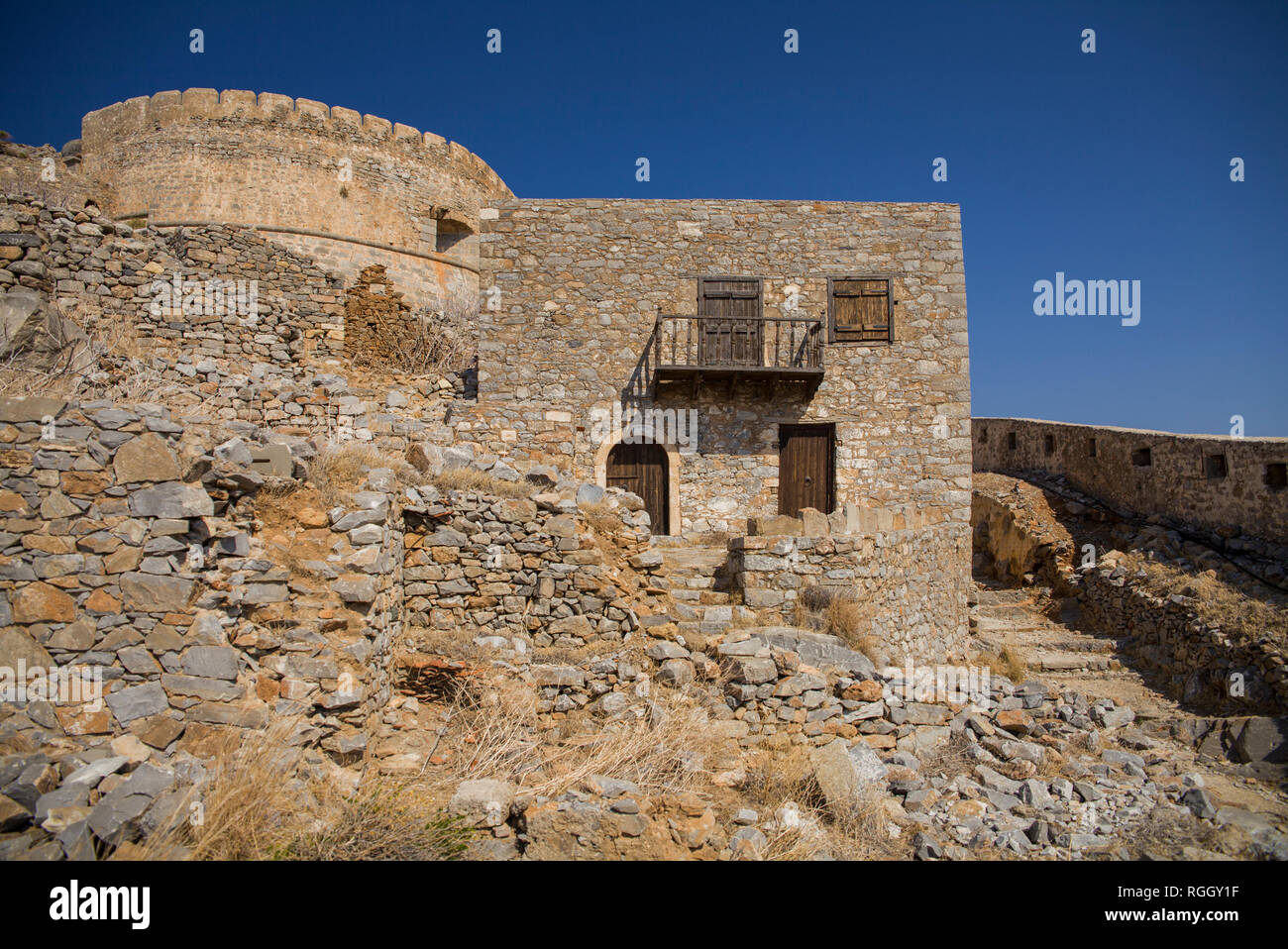 Historic architectural buildings on the island of Spinalonga. Buildings ...