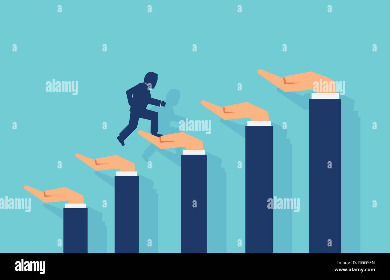 Vector of a businessman climbing a career ladder made of human hands ...