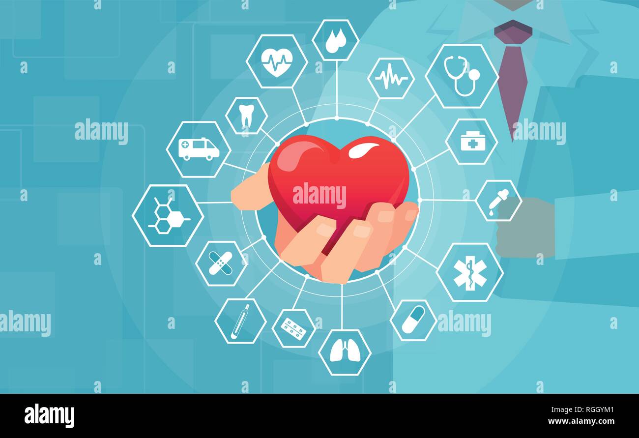 Health care network concept. Vector of a doctor holding red heart ...