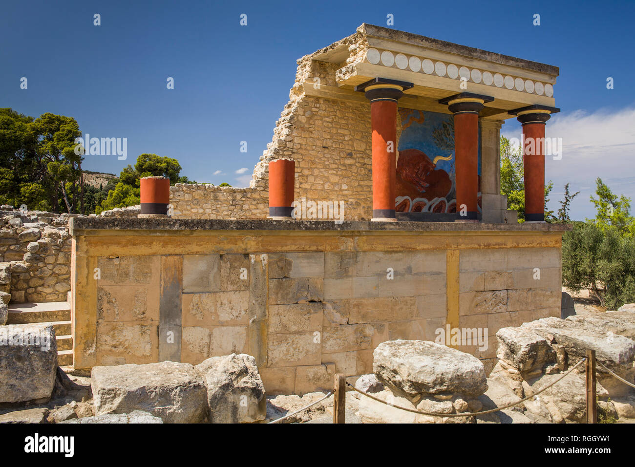 Red columns of the Knossos palace. Fragment of the ruins of the Knossos ...