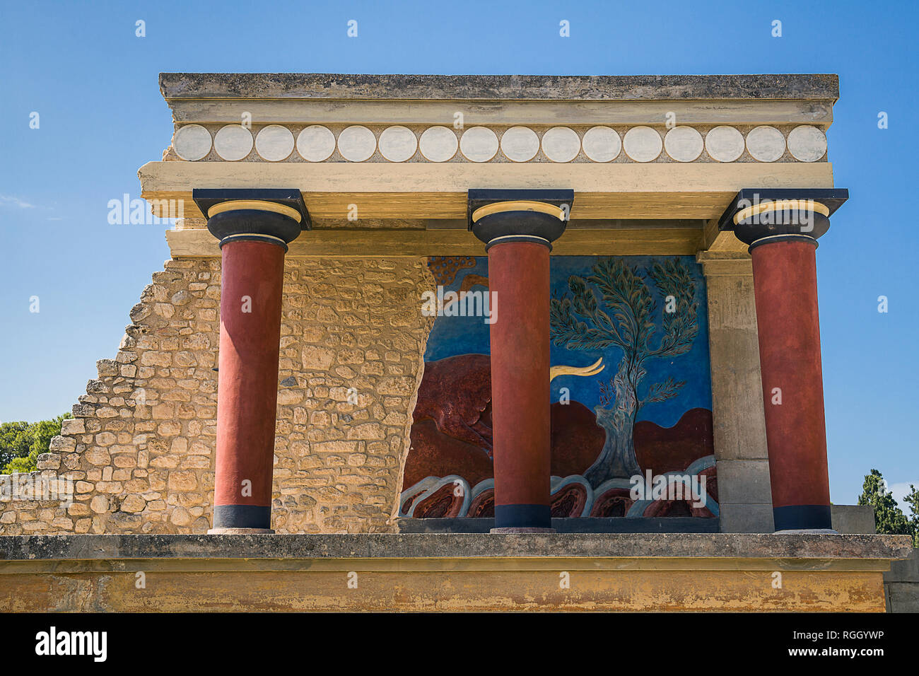 Red columns of the Knossos palace. Fragment of the ruins of the Knossos ...