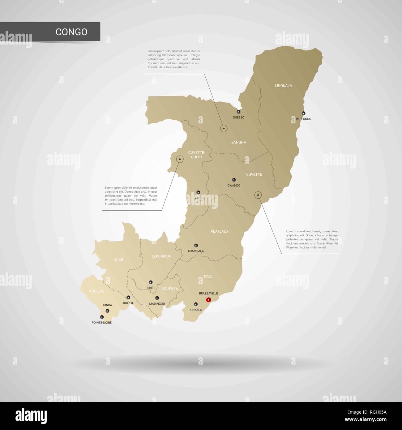 Stylized vector Congo map. Infographic 3d gold map illustration with ...