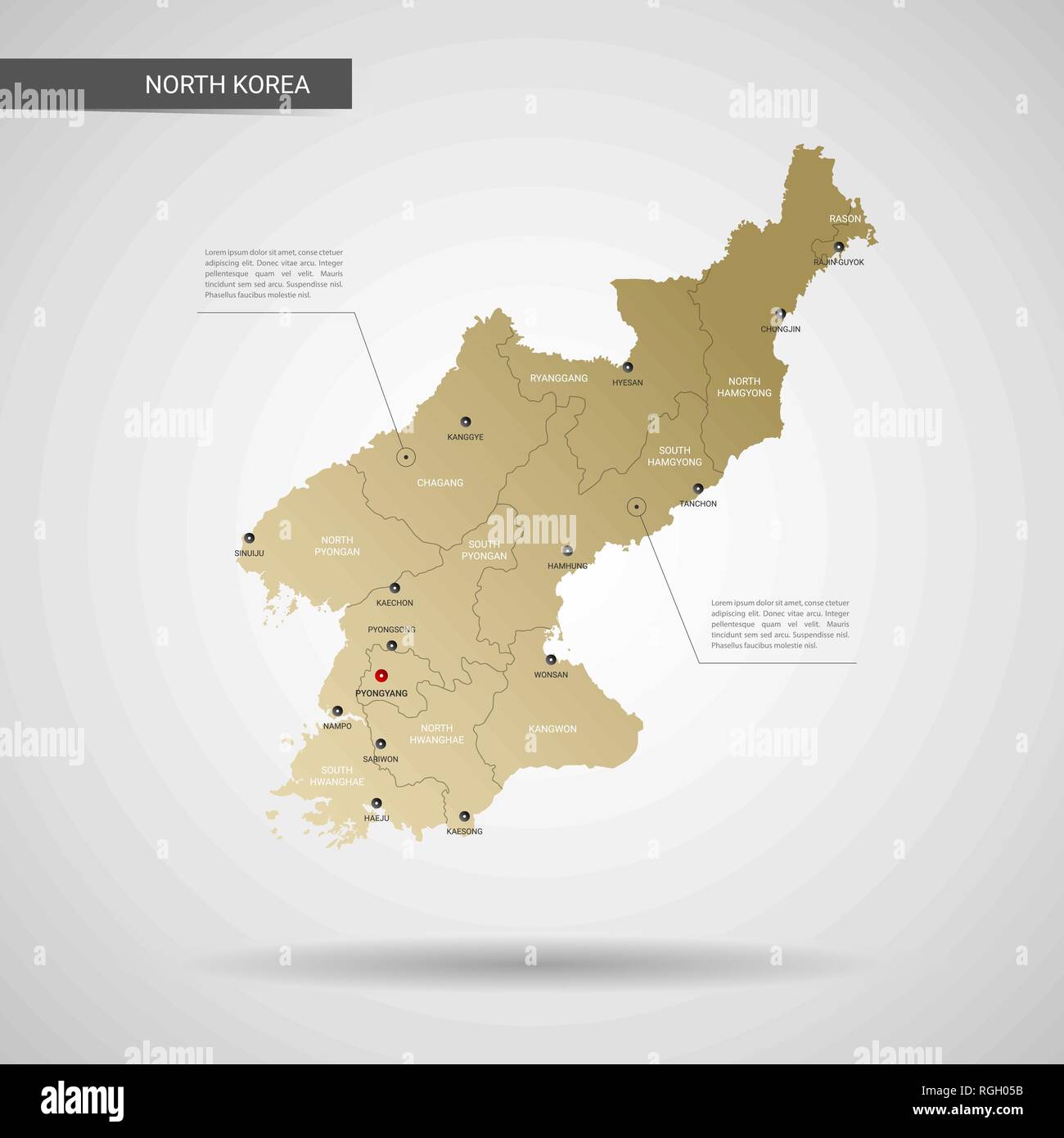 Stylized vector North Korea map. Infographic 3d gold map illustration ...